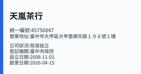 天嵐茶行的照片-統編 45756847(臺中市) 公司登記資料與營業項目詳細圖表