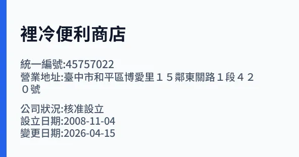 裡冷便利商店的照片-統編 45757022(臺中市) 公司登記資料與營業項目詳細圖表