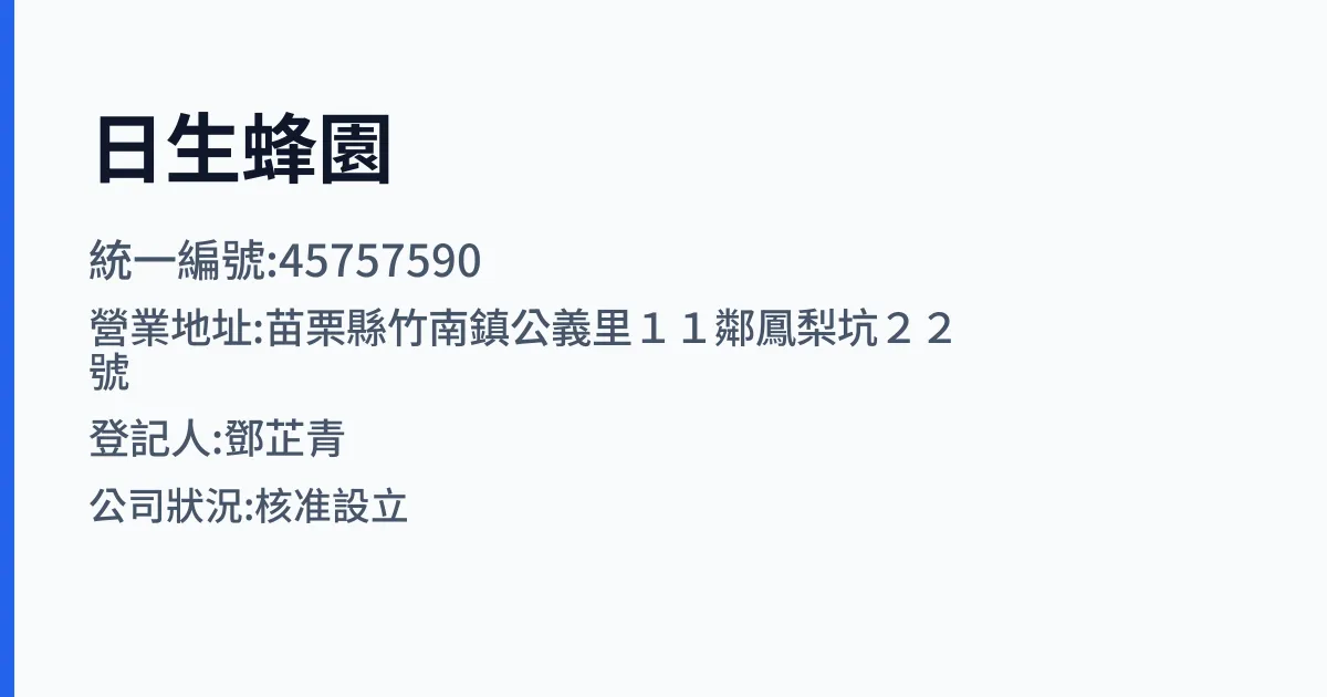 日生蜂園 - 統編 45757590（苗栗縣） 公司登記資料與營業項目詳細圖表