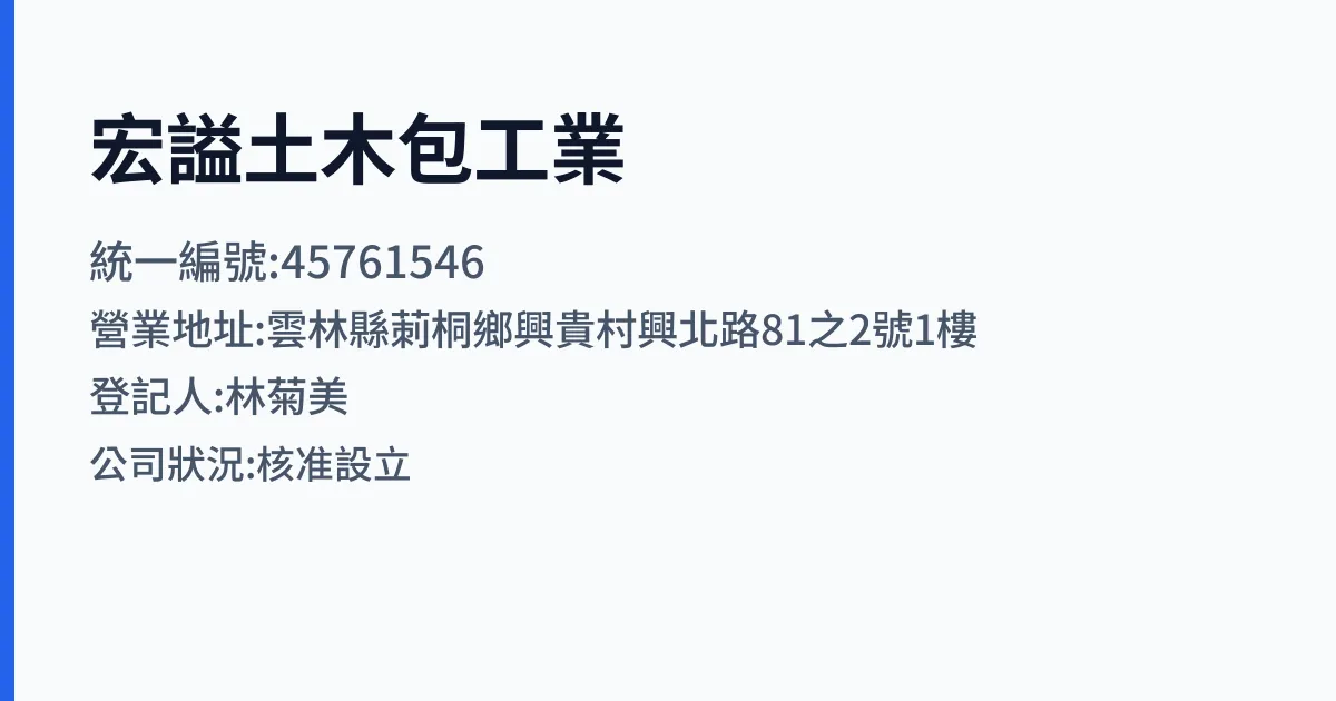 宏謚土木包工業 - 統編 45761546（雲林縣） 公司登記資料與營業項目詳細圖表
