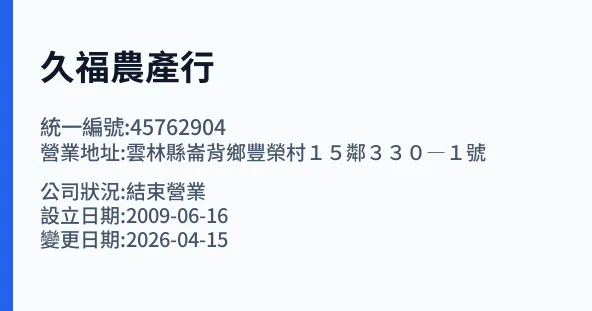 久福農產行的照片-統編 45762904(雲林縣) 公司登記資料與營業項目詳細圖表