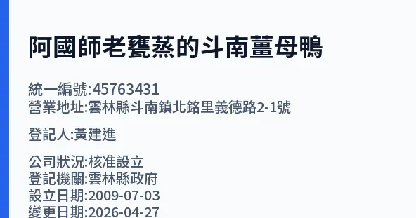 阿國師老甕蒸的斗南薑母鴨的照片-統編 45763431(雲林縣) 公司登記資料與營業項目詳細圖表