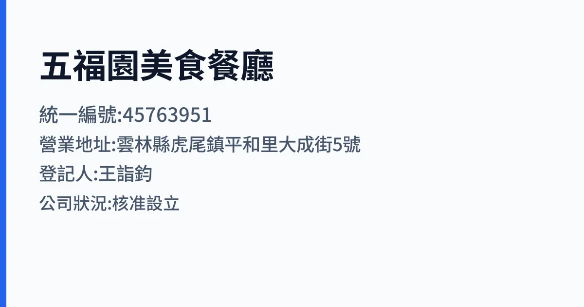 五福園美食餐廳 - 統編 45763951(雲林縣) 公司登記資料與營業項目詳細圖表
