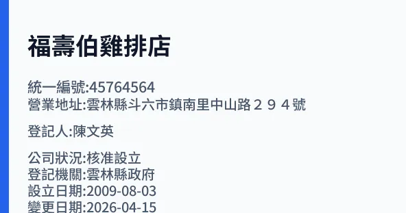 福壽伯雞排店的照片-統編 45764564(雲林縣) 公司登記資料與營業項目詳細圖表