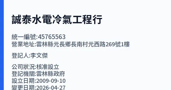 誠泰水電冷氣工程行的照片-統編 45765563(雲林縣) 公司登記資料與營業項目詳細圖表