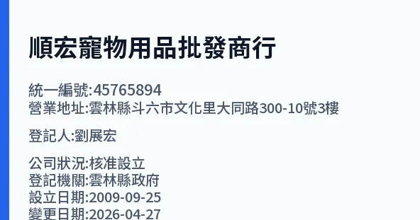 順宏寵物用品批發商行的照片-統編 45765894(雲林縣) 公司登記資料與營業項目詳細圖表