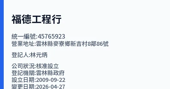 福德工程行的照片-統編 45765923(雲林縣) 公司登記資料與營業項目詳細圖表