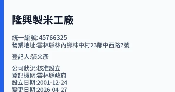 隆興製米工廠的照片-統編 45766325(雲林縣) 公司登記資料與營業項目詳細圖表