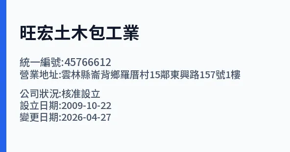 旺宏土木包工業的照片-統編 45766612(雲林縣) 公司登記資料與營業項目詳細圖表