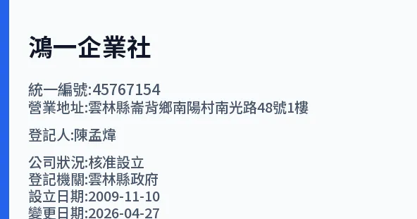鴻一企業社的照片-統編 45767154(雲林縣) 公司登記資料與營業項目詳細圖表