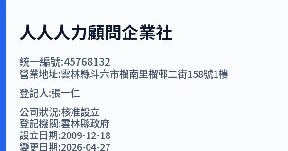 人人人力顧問企業社的照片-統編 45768132(雲林縣) 公司登記資料與營業項目詳細圖表