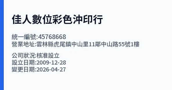 佳人數位彩色沖印行的照片-統編 45768668(雲林縣) 公司登記資料與營業項目詳細圖表