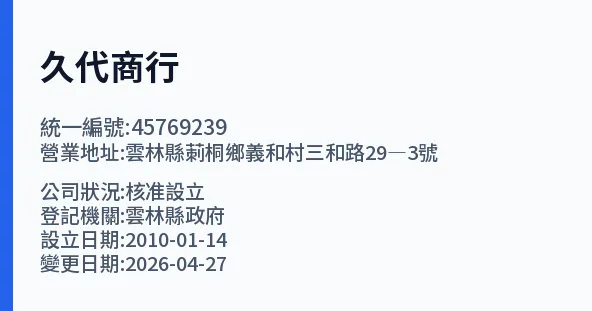 久代商行的照片-統編 45769239(雲林縣) 公司登記資料與營業項目詳細圖表