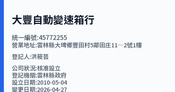 大豐自動變速箱行的照片-統編 45772255(雲林縣) 公司登記資料與營業項目詳細圖表