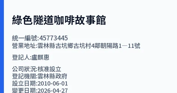 綠色隧道咖啡故事館的照片-統編 45773445(雲林縣) 公司登記資料與營業項目詳細圖表