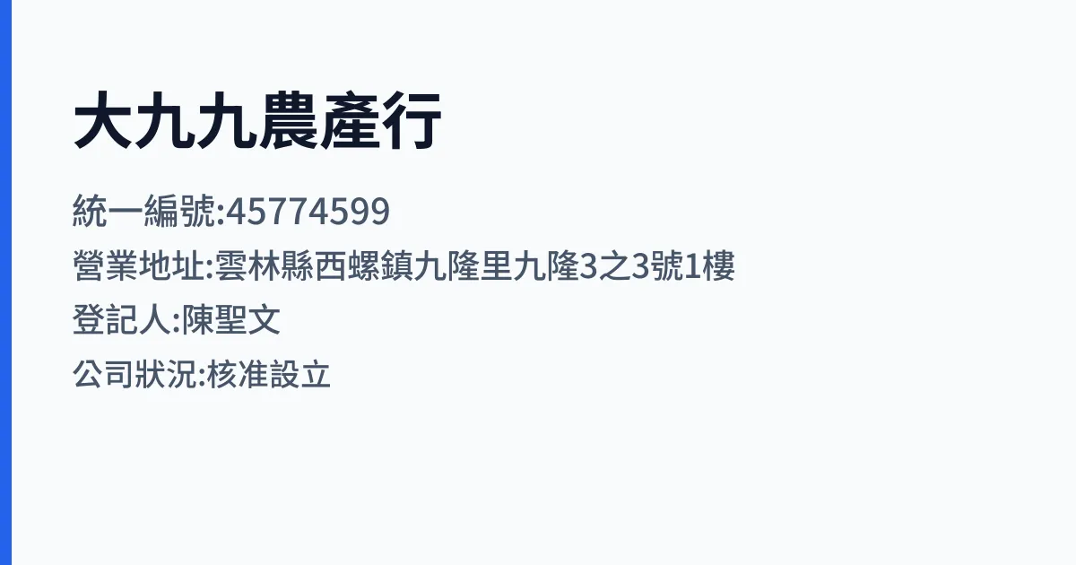 大九九農產行 - 統編 45774599(雲林縣) 公司登記資料與營業項目詳細圖表