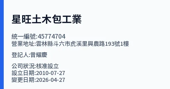 星旺土木包工業的照片-統編 45774704(雲林縣) 公司登記資料與營業項目詳細圖表