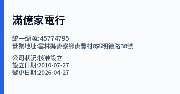 滿億家電行的照片-統編 45774795(雲林縣) 公司登記資料與營業項目詳細圖表
