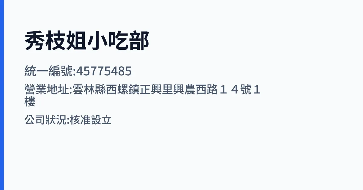 秀枝姐小吃部 - 統編 45775485(雲林縣) 公司登記資料與營業項目詳細圖表