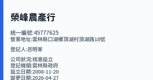 榮峰農產行的照片-統編 45777625(雲林縣) 公司登記資料與營業項目詳細圖表