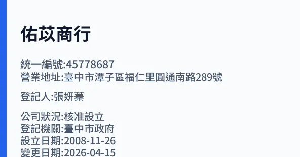 佑苡商行的照片-統編 45778687(臺中市) 公司登記資料與營業項目詳細圖表