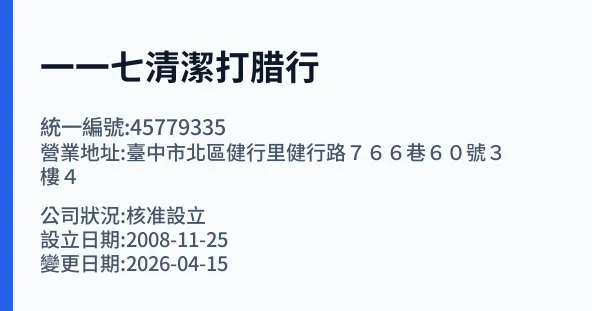 一一七清潔打腊行的照片-統編 45779335(臺中市) 公司登記資料與營業項目詳細圖表