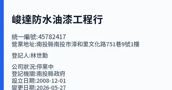 峻達防水油漆工程行的照片-統編 45782417(南投縣) 公司登記資料與營業項目詳細圖表