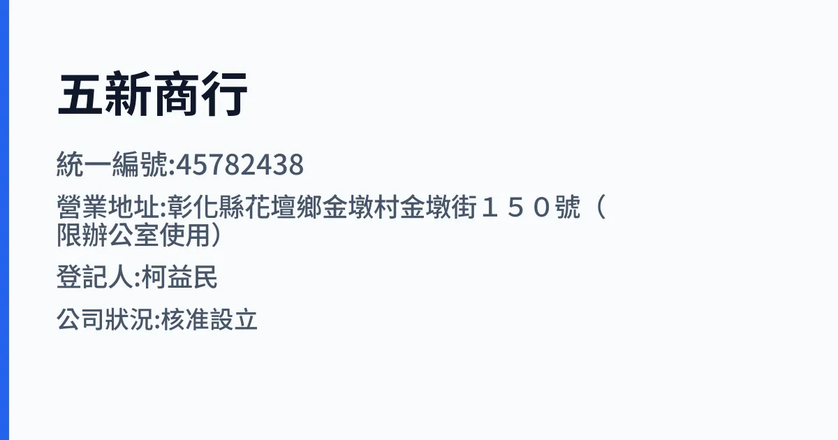 五新商行 - 統編 45782438(彰化縣) 公司登記資料與營業項目詳細圖表
