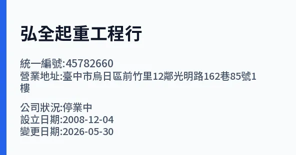 弘全起重工程行的照片-統編 45782660(臺中市) 公司登記資料與營業項目詳細圖表