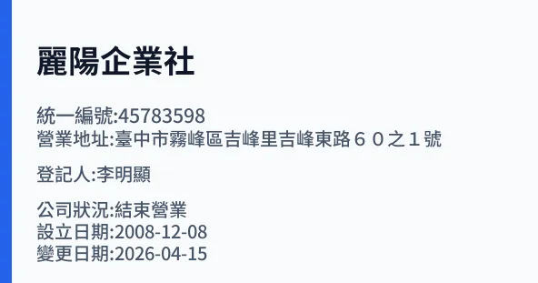 麗陽企業社的照片-統編 45783598(臺中市) 公司登記資料與營業項目詳細圖表