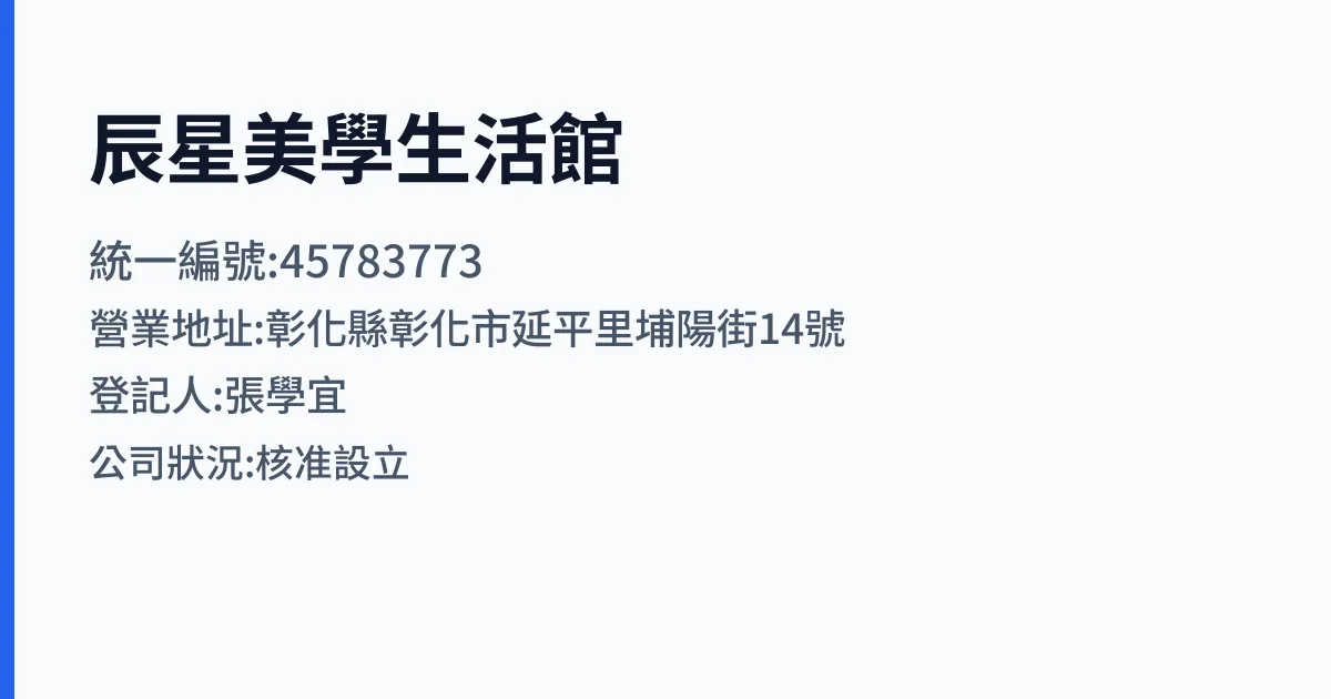 辰星美學生活館 - 統編 45783773(彰化縣) 公司登記資料與營業項目詳細圖表