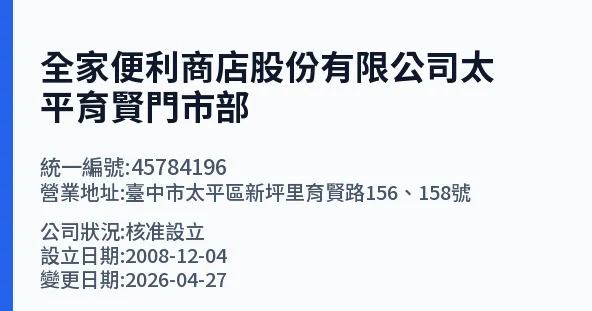 全家便利商店股份有限公司太平育賢門市部的照片-統編 45784196(臺中市) 公司登記資料與營業項目詳細圖表
