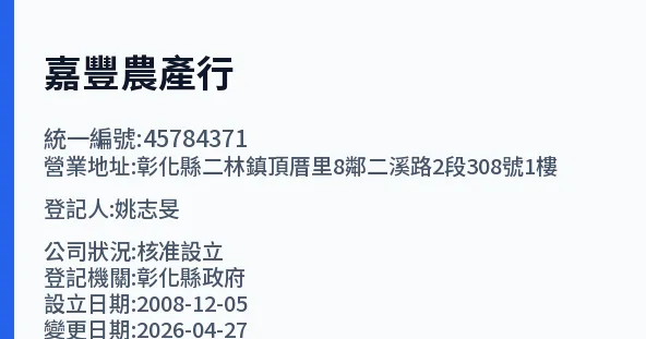 嘉豐農產行的照片-統編 45784371(彰化縣) 公司登記資料與營業項目詳細圖表