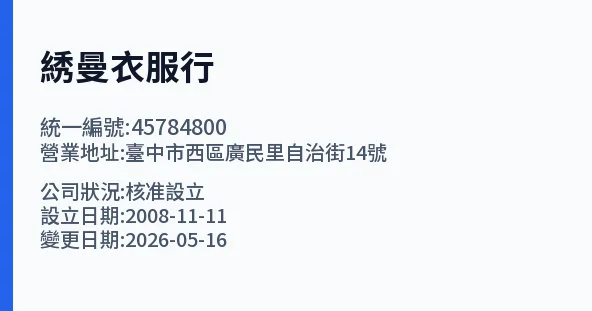 綉曼衣服行的照片-統編 45784800(臺中市) 公司登記資料與營業項目詳細圖表