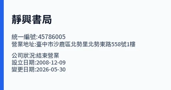 靜興書局的照片-統編 45786005(臺中市) 公司登記資料與營業項目詳細圖表