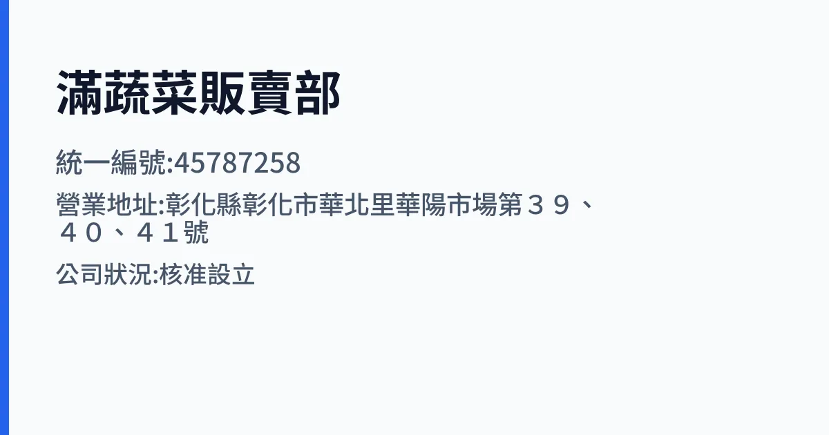 滿蔬菜販賣部 - 統編 45787258(彰化縣) 公司登記資料與營業項目詳細圖表
