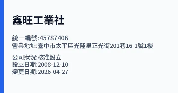 鑫旺工業社的照片-統編 45787406(臺中市) 公司登記資料與營業項目詳細圖表