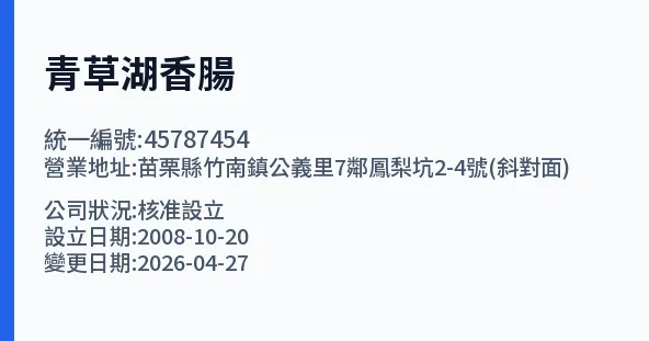 青草湖香腸的照片-統編 45787454(苗栗縣) 公司登記資料與營業項目詳細圖表