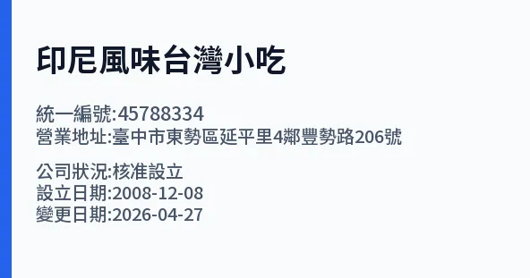 印尼風味台灣小吃的照片-統編 45788334(臺中市) 公司登記資料與營業項目詳細圖表