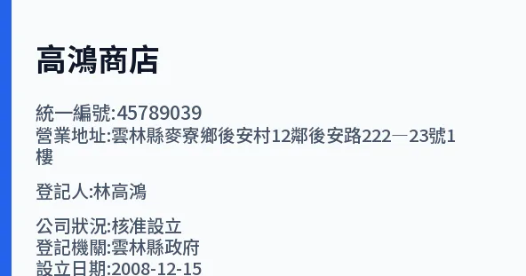 高鴻商店的照片-統編 45789039(雲林縣) 公司登記資料與營業項目詳細圖表