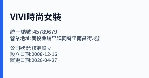 VIVI時尚女裝的照片-統編 45789679(南投縣) 公司登記資料與營業項目詳細圖表