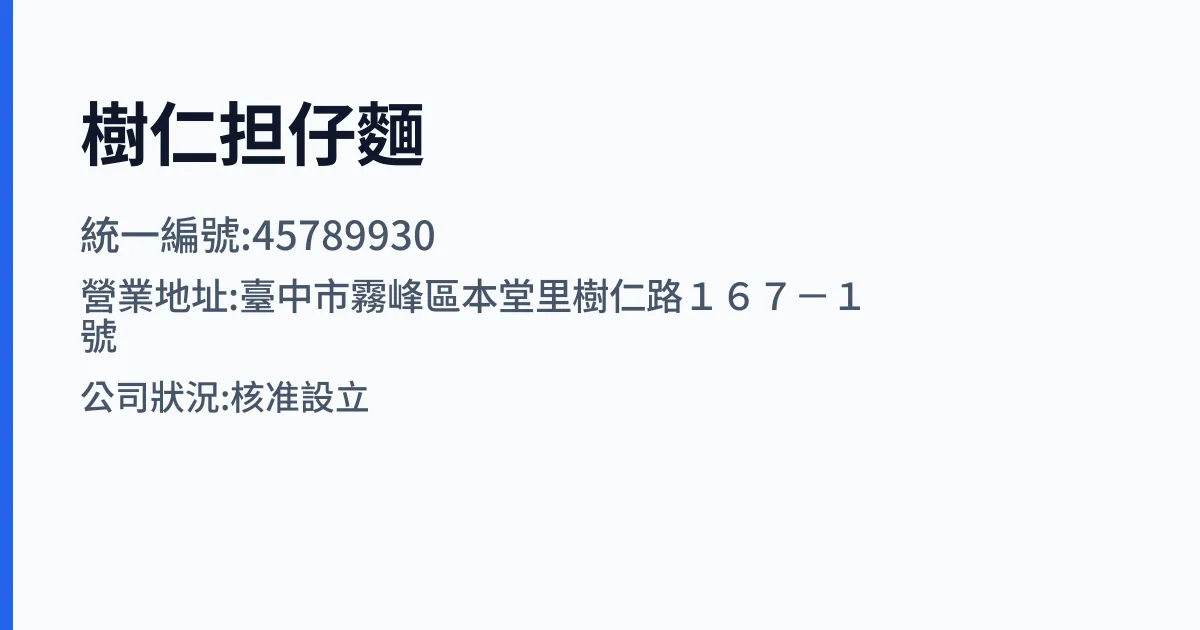 樹仁担仔麵 - 統編 45789930(臺中市) 公司登記資料與營業項目詳細圖表