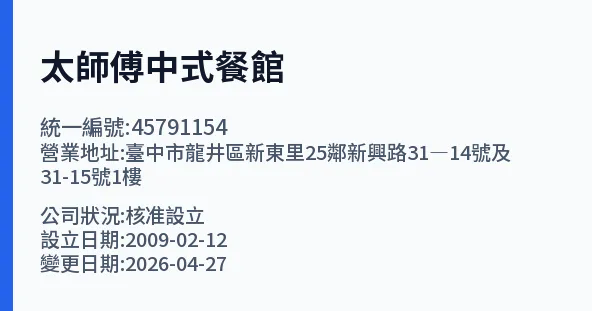 太師傅中式餐館的照片-統編 45791154(臺中市) 公司登記資料與營業項目詳細圖表