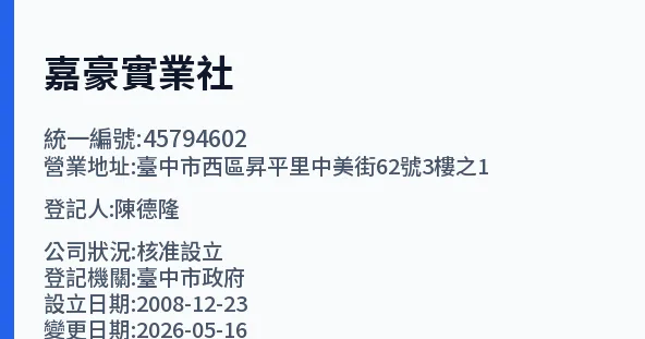 嘉豪實業社的照片-統編 45794602(臺中市) 公司登記資料與營業項目詳細圖表