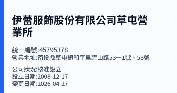 伊蕾服飾股份有限公司草屯營業所的照片-統編 45795378(南投縣) 公司登記資料與營業項目詳細圖表