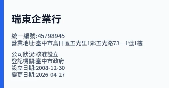 瑞東企業行的照片-統編 45798945(臺中市) 公司登記資料與營業項目詳細圖表