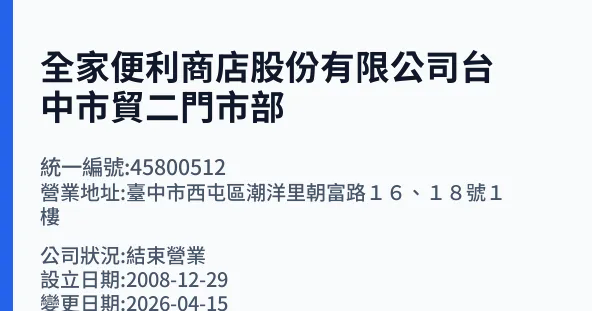 全家便利商店股份有限公司台中市貿二門市部的照片-統編 45800512(臺中市) 公司登記資料與營業項目詳細圖表