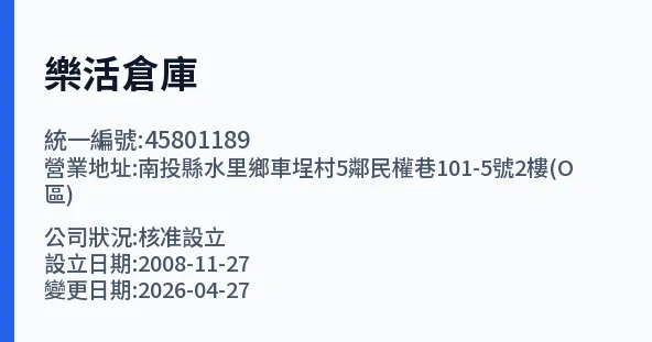 樂活倉庫的照片-統編 45801189(南投縣) 公司登記資料與營業項目詳細圖表