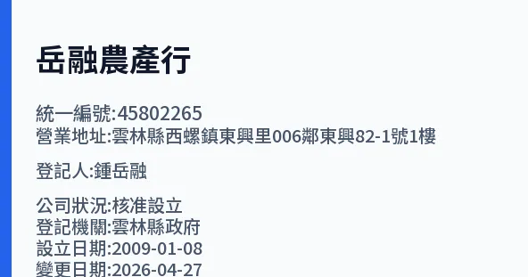 岳融農產行的照片-統編 45802265(雲林縣) 公司登記資料與營業項目詳細圖表