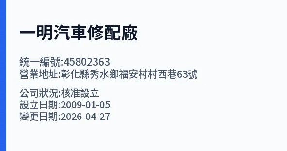 一明汽車修配廠的照片-統編 45802363(彰化縣) 公司登記資料與營業項目詳細圖表